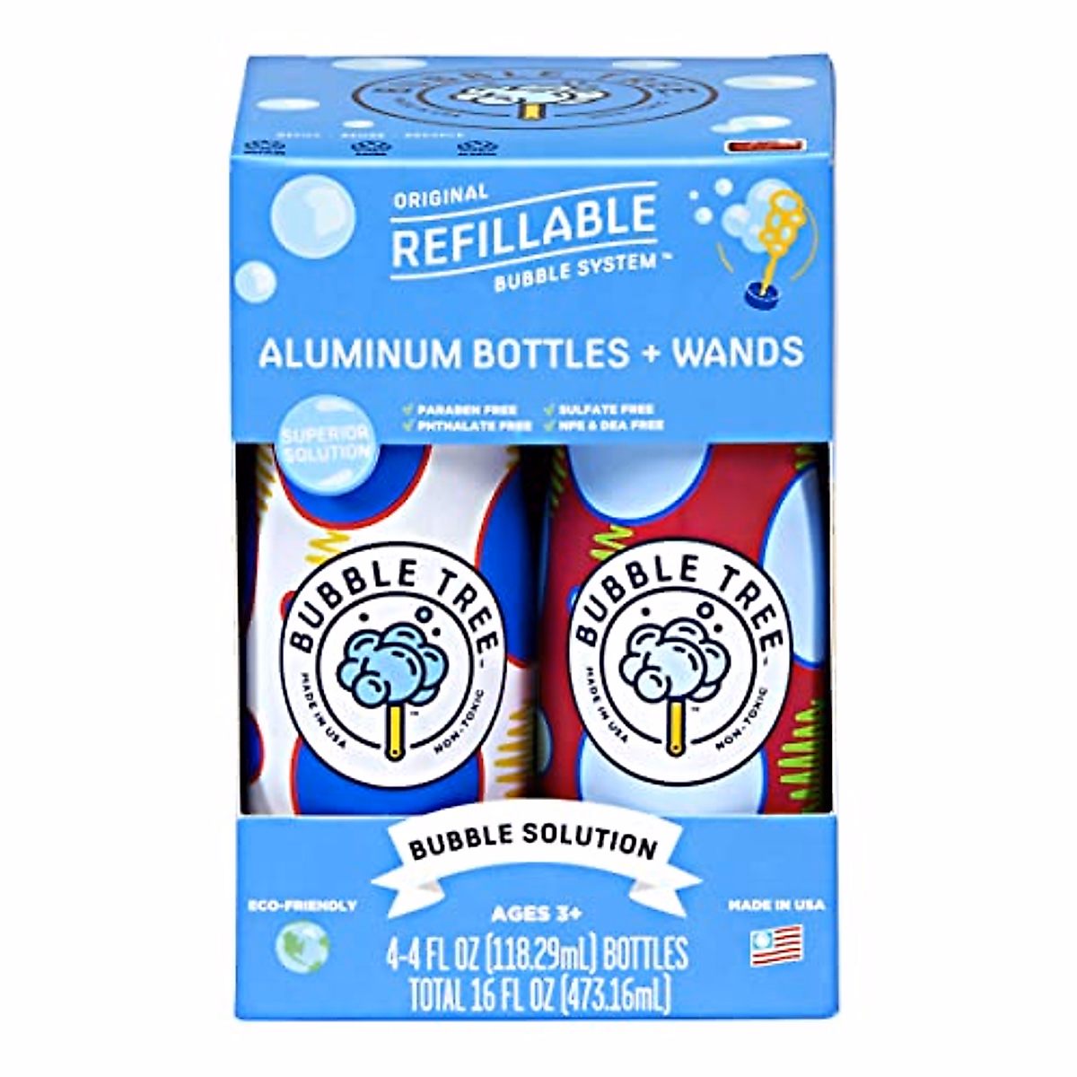 Sustainable Bubble Tree Original Refillable Bubble System Aluminum Bottles (4 Pack of Bubble Solution Made in The USA)