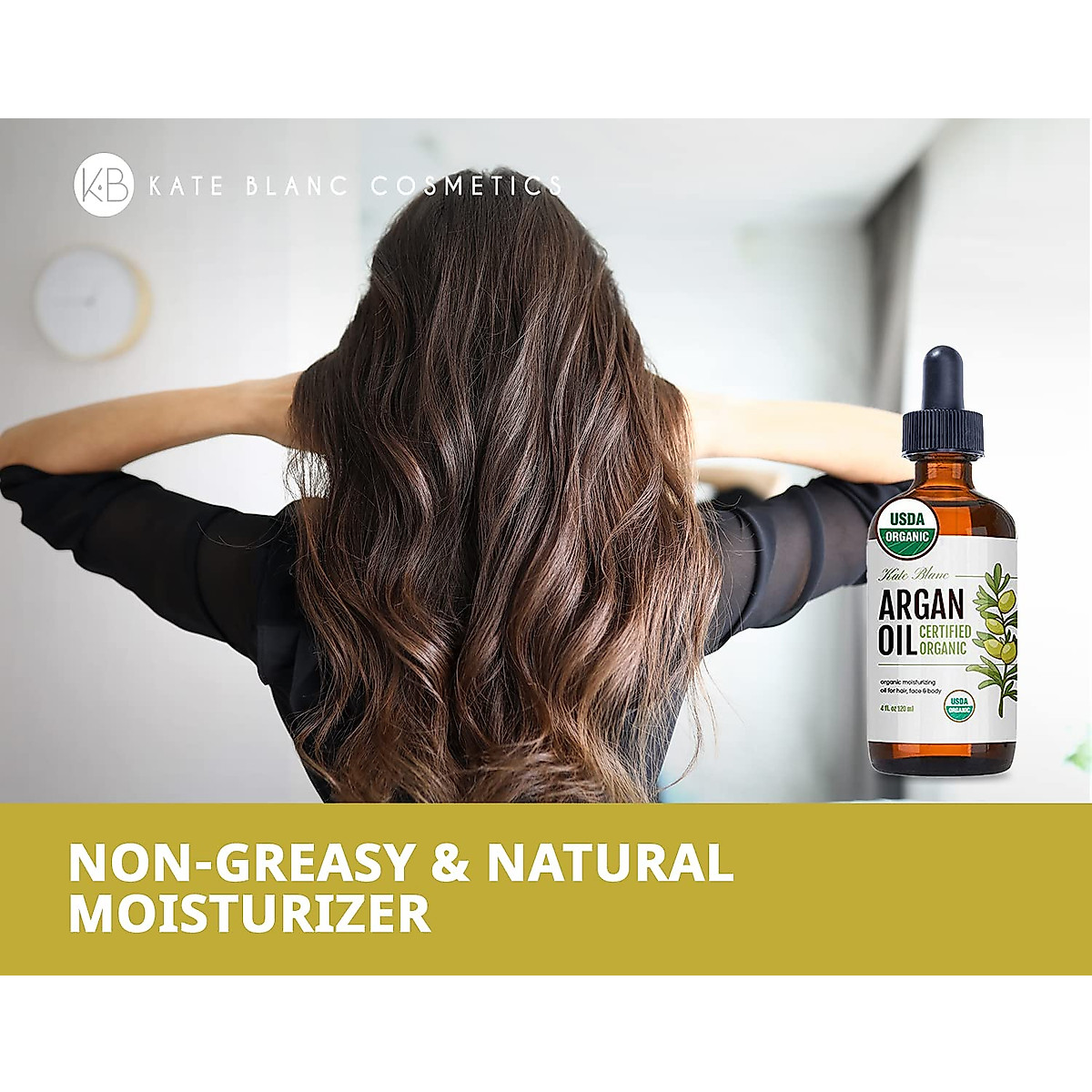 Kate Blanc Cosmetics Argan Oil for Hair, Face & Skin from Morocco. Promotes Hair Growth (4oz, USDA Certified Organic, Cold Pressed & 100% Pure)