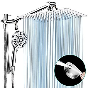 Shower Head with Handheld, 10'' High Pressure Rain Shower Head/10 Modes Handheld Shower Heads Power Wash Back with 11'' Extension Arm, Holder, 5ft Hose, Flow Regulator, Chrome, Height/Angle Adjustable