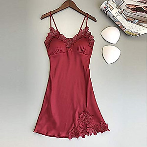 Aniywn Sexy Sleepwear Women's Spaghetti Strap Lace Trim Satin Full Slip Dress Lingerie Chemise Nightgowns Babydoll Dress Wine
