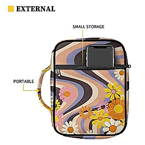 Drydeepin 70S 80S Wavy Swirl Hippie Daisy Flower Floral Pattern Abstract Bible Cover for Women Bible Book Carrying Case Portable Zippered Bible Bags and Tote Church Accessories Study Supplies