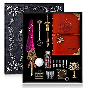 TIANREN Quill Pen and Ink Set,Antique Feather Dip Pen,Antique Calligraphy Pen with 5 Replaceable Nibs,Wax Seal Stamp kit,Wax Beads & Leather Writing Notebook Gift for Men&Women.(PurpleRed)