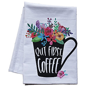 But first, Coffee Flower Filled Cup - Premium Kitchen Towel - Extra large flour sack tea towel, dish towel, cute coffee lover gifts under 20 dollars- Made in the USA