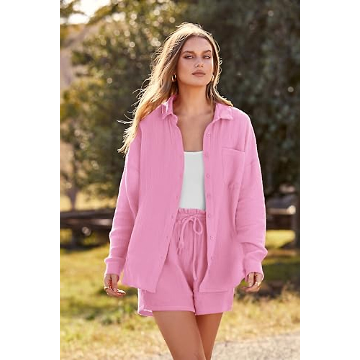 PRETTYGARDEN Women's 2 Piece Tracksuit Outfit Long Sleeve Blouse High Waisted Drawstring Shorts Loungewear Set (Pink,Medium)
