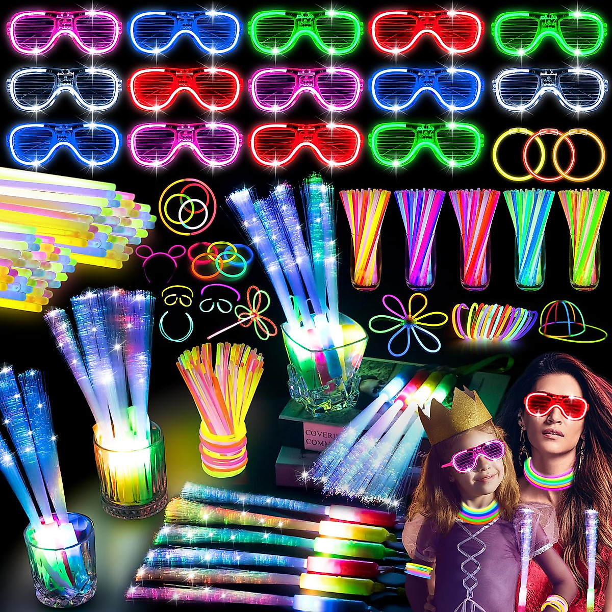 SHQDD 238 PCS Glow in the Dark Party Supplies, 24 PCS Glow Fiber Optic Wands, 14 PCS LED Glasses and 100 PCS Glow Sticks, 100 PCS Connectors, New Year Party Favors for Concert, Raves Birthday