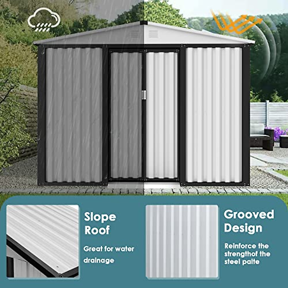 Betterland Outdoor Storage Shed 6×8 FT Garden Metal Tool House, Walk-in Steel Double Sloping Roof Shed with Sliding Door for Garden, Lawn, Backyard (White)