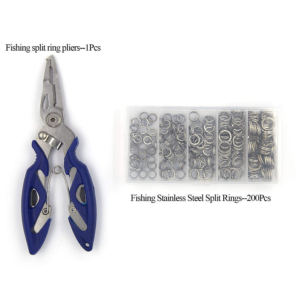 Pack of 201pcs Fishing Stainless Steel Split Rings 5 Sizes and Plier Set, Split ring capable of withstanding large tensile force and Fishing Plier Tool Kit for Saltwater Fishing Lure Connectors