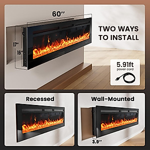 Silonn 60″ Electric Fireplace Heater with App & Remote Control, 5300 BTU Heat Output, Ultra-Slim Wall-Mounted or Recessed Electric Fireplace Inserts with Timer, 20 Flame Colors, SLELF02B-60
