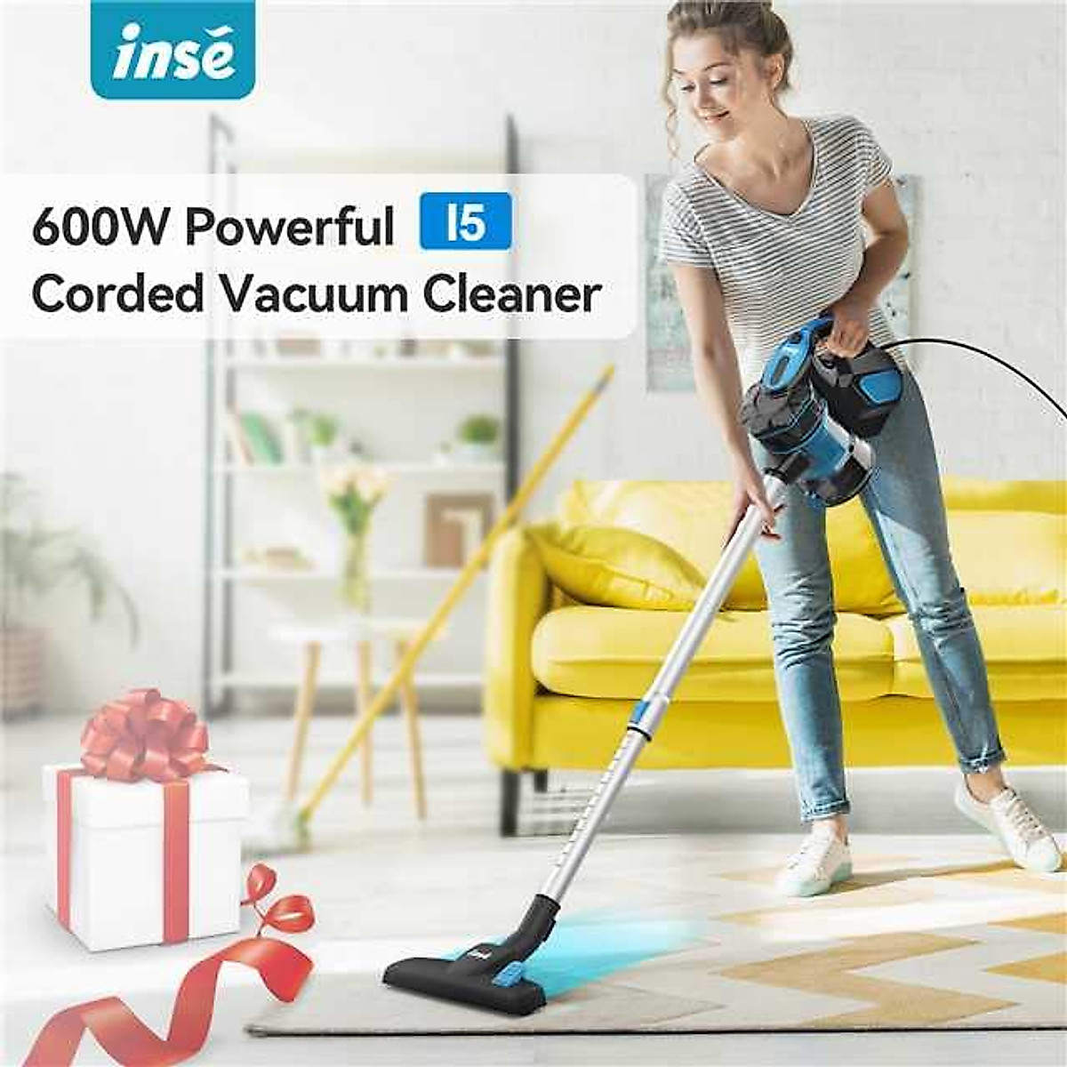 INSE Corded Vacuum Cleaner, Corded Stick Vacuum with 600W Powerful Motor 18000Pa Handheld Vacuum Cleaner for Pet Hair Hard Floor Home - Blue