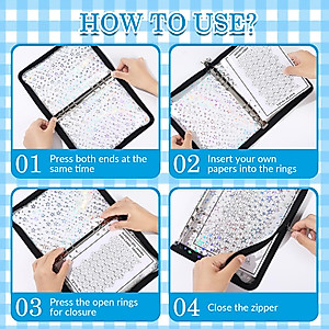 NEWEST A5 Budget Binder Cover with Zipper for Cash Budget System, Glitter Stars A5 6 Ring Binder Planner, Clear PVC Refillable Notebook Shell for Journal Albums Diary School Office Supplies, Purple