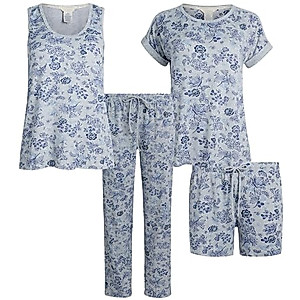 Lucky Brand Women's Pajama Set - 4 Piece Short Sleeve Shirt, Tank Top, Sleep Pants, Lounge Shorts, Size Large, Mini Denim Floral