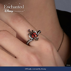 Jewelili Enchanted Disney Fine Jewelry Black Rhodium over Sterling Silver with 1/10 Cttw Diamonds and Red Garnet Evil Queen Dagger Ring, Size 9
