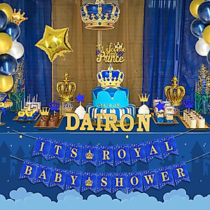 122 PCs Royal Prince Baby Shower Decorations for Boy, Fiesec A Little Prince Is On The Way Its Royal Baby Shower Backdrop Balloon Garland Banner Cake Cupcake Topper Crown Star Blue White Gold