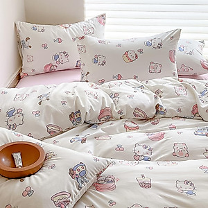 TELUSHEN Cartoon Anime Duvet Cover Sets,Cat Bedding Set with 1 Duvet Cover 1 Flat Sheet and 2 Pillow Shams,Cute Soft Comforter Cover for Teen Kids Girls (White,Queen79x91inch)