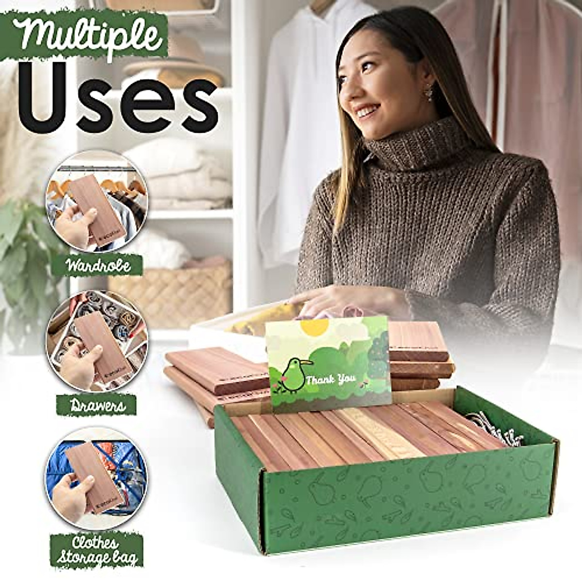 ecoKiwi Cedar Blocks for Clothes Storage - 20 Pack Cedar Hangers - Natural Cedar Wood for Closet Planks - Pet Safe Hanging Cedar Planks with Sandpaper - Scented Closet Freshener Protection & Control