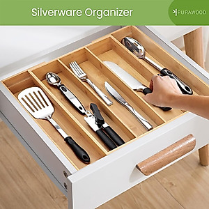 Premium Bamboo Silverware Organizer - Expandable Kitchen Drawer Organizer and Utensil Organizer, Perfect Size Cutlery Tray with Drawer Dividers for Kitchen Utensils and Flatware (3-5 Slots) (Natural)