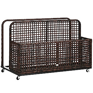 Outsunny Patio Wicker Pool Float Storage with Wheels, Outdoor Rolling PE Rattan Pool Caddy, Includes Compartment and Basket, for Pool, Garden, Deck, Mixed Brown