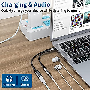 USB C to 3.5mm Headphone and Charger Adapter, 2-in-1 Type C to Aux Jack Cable with PD 60W Fast Charging for iPhone 15 Plus 15 Pro Max, Samsung Galaxy S20 S21 S22 S23, Note 20 10, iPad Pro Air4, Pixel
