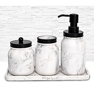 Artfrog Bathroom Accessory Set,Marble Bathroom Accessories,Mason Jar Bathroom Accessory Set, 4 Pcs Bathroom Accessory Set, Marble Look, Include Lotion Dispenser &Tumbler& Cotton Jar&Tray