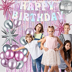 Iridescent Party Decorations Set Pink Disco Holographic Birthday Party Decors Shiny Foil Fringe Curtain Iridescent Banner Balloons for Engagement Wedding Bachelorette Bridal Shower Girl Party Supplies