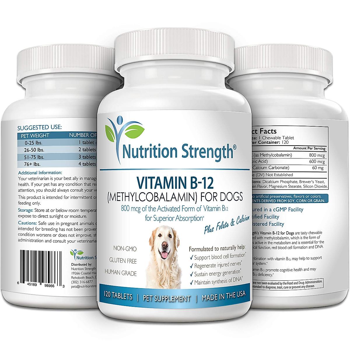 Nutrition Strength Vitamin B12 for Dogs Plus Folate & Calcium, Support the Nervous System & Blood Cell Formation, Help Sustain Cellular Energy Generation & Maintain DNA Synthesis, 120 Chewable Tablets