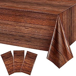 3 Pieces Brown Wood Grain Tablecloths Rustic Plastic Table Covers, Rectangle Vintage Farmhouse Style Table Cloth Decorations for Western Barn Themed Birthday Wedding Party, 54 x 108 Inch
