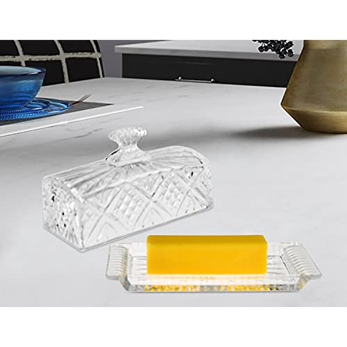 HOME-X Crystal Butter Dish with Lid, Real Crystal Covered Dish, Butter Holder for Serving and Storage, 8"L x 3 ½" W x 4' H, Crystal