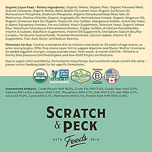 Scratch and Peck Feeds Organic Layer Pellets 16% - Premium Chicken and Duck Feed Formulated with Sustainable Grub Protein, Vitamins, and Minerals – 25 lbs