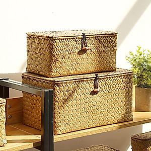 FEILANDUO Wicker Shelf Baskets with Lids, Seagrass Storage Baskets Bins Rectangular Woven Baskets Boxes for Organizing Home Decor Set of 3