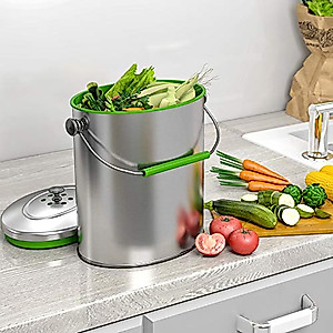 iTouchless Stainless Steel Compost Bin 1.6 Gallon Includes AbsorbX Odor Filter System, Titanium Rust-Free Space-efficient Slim Oval Shape 6 Liter Kitchen Countertop Trash Can
