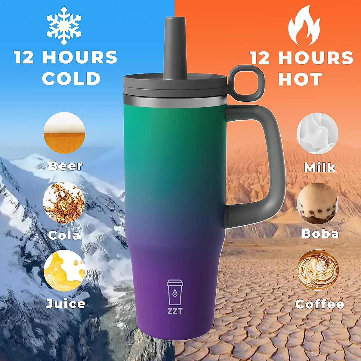 ZZT 40 oz Tumbler with Handle and Straw Lid,Leak Proof Metal Sports Water Bottle Jug,Stainless Steel Insulated Travel Coffee Mug-Fits in Cup Holder-Gifts for Women & Men(Green Purple)