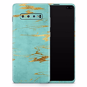 DesignSkinz Mint Marble & Digital Gold Foil V2 Protective Vinyl Decal Wrap Skin Cover Compatible with The Samsung Galaxy S20 (Screen Trim & Back Glass Skin)