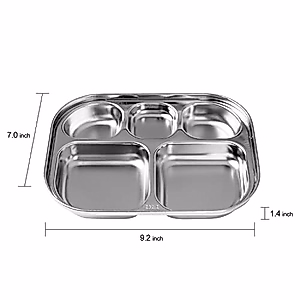 Stainless Steel Divided Plates Tray, 5 Section, Kids Toddlers Babies Small Size, Compact Serving Platter, Dinner Snack, Camping Dishes (2 Pack)