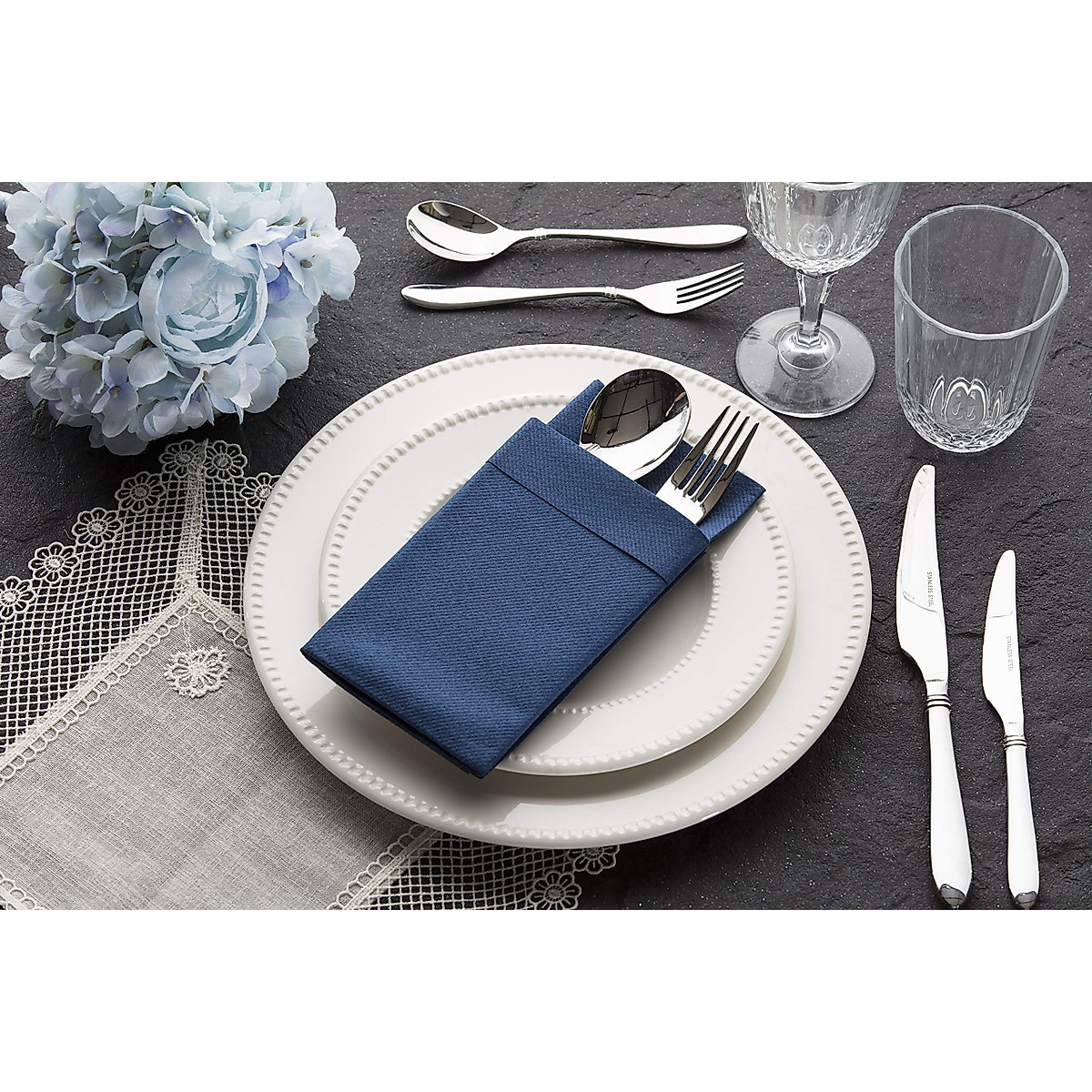Navy Dinner Napkins Cloth Like with Built-in Flatware Pocket, Linen-Feel Absorbent Disposable Paper Hand Napkins for Kitchen, Bathroom, Parties, Weddings, Dinners or Events, 16x16 inches, Pack of 50