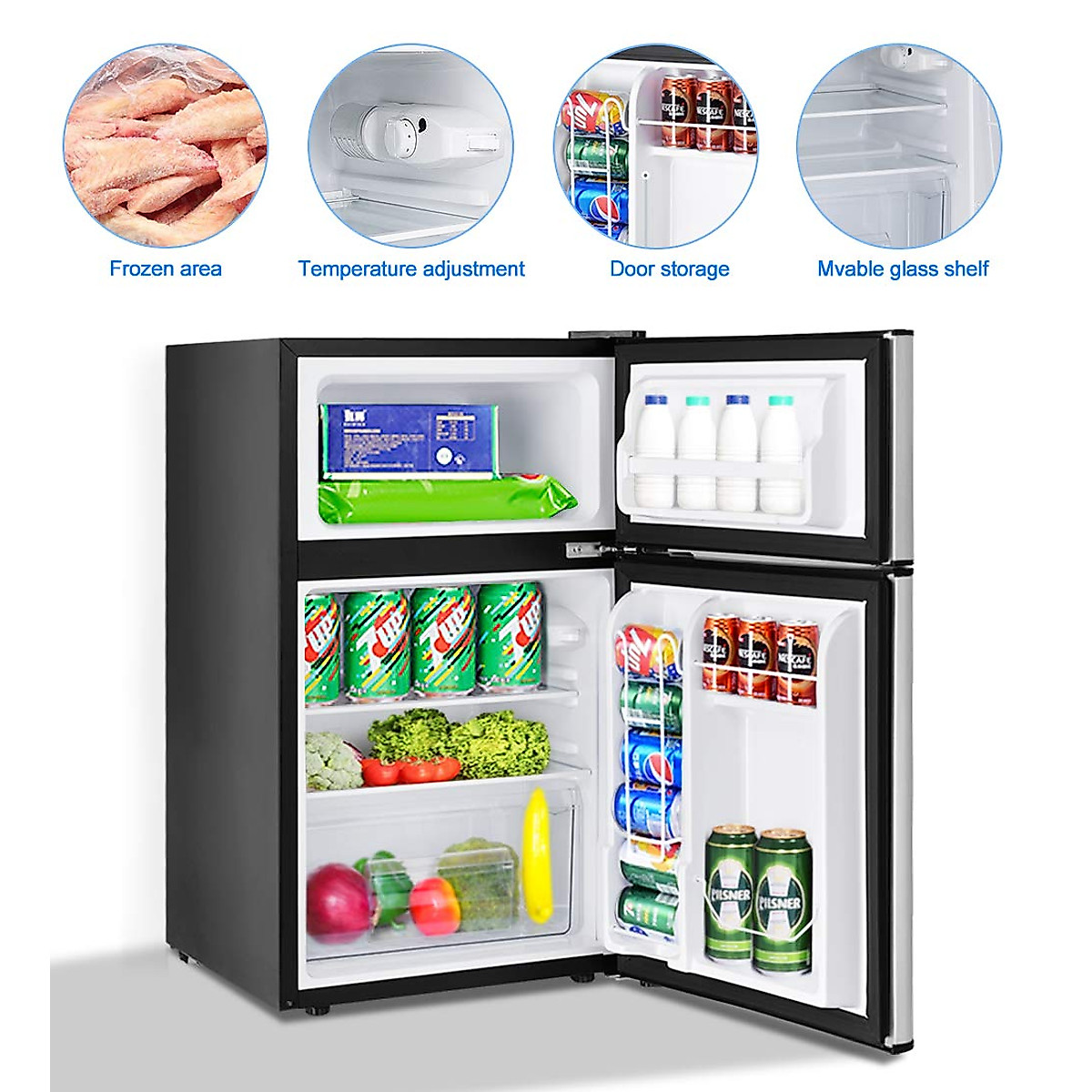 Toolsempire 3.2 Cu. FT Mini Fridge with Freezer, Dual Door Refrigerator with Adjustable Temperature & Removable Glass Shelves, Mini Fridge for Dorm, Office, Kitchen (Grey)