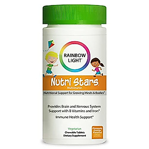 Rainbow Light Multivitamins for Kids, Vitamin B, Zinc & Iron, Prebiotics, Nutri Stars Provides Brain & Nervous System Support, Pineapple Orange, 120 Chewable Tablets