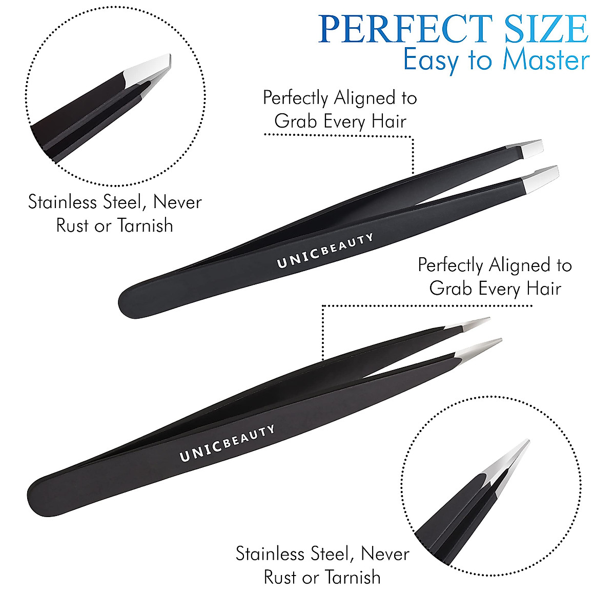 Tweezer Set 4-Piece for Men & Women - Professional Edge and point for Ingrown Hair,Eyebrow, Splinter, Facial & Blackhead Removal - Stainless Steel tweezers (Black)