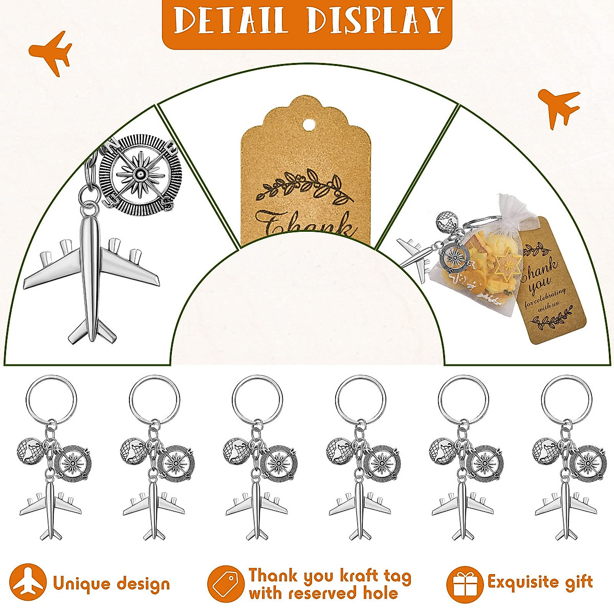 Henoyso 45 Pcs Airplane Keychain Party Favor, Including Airplane Compass Keychain with Thank You Tags, Organza Favor Bag for Party