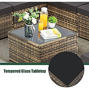KROFEM 8 Pieces Patio Rattan Furniture Set with Hidden Storage, 7 Sofa Sections, Outdoor Wicker Conversation Set, Natural Color Rattan with Dark Grey Cushion