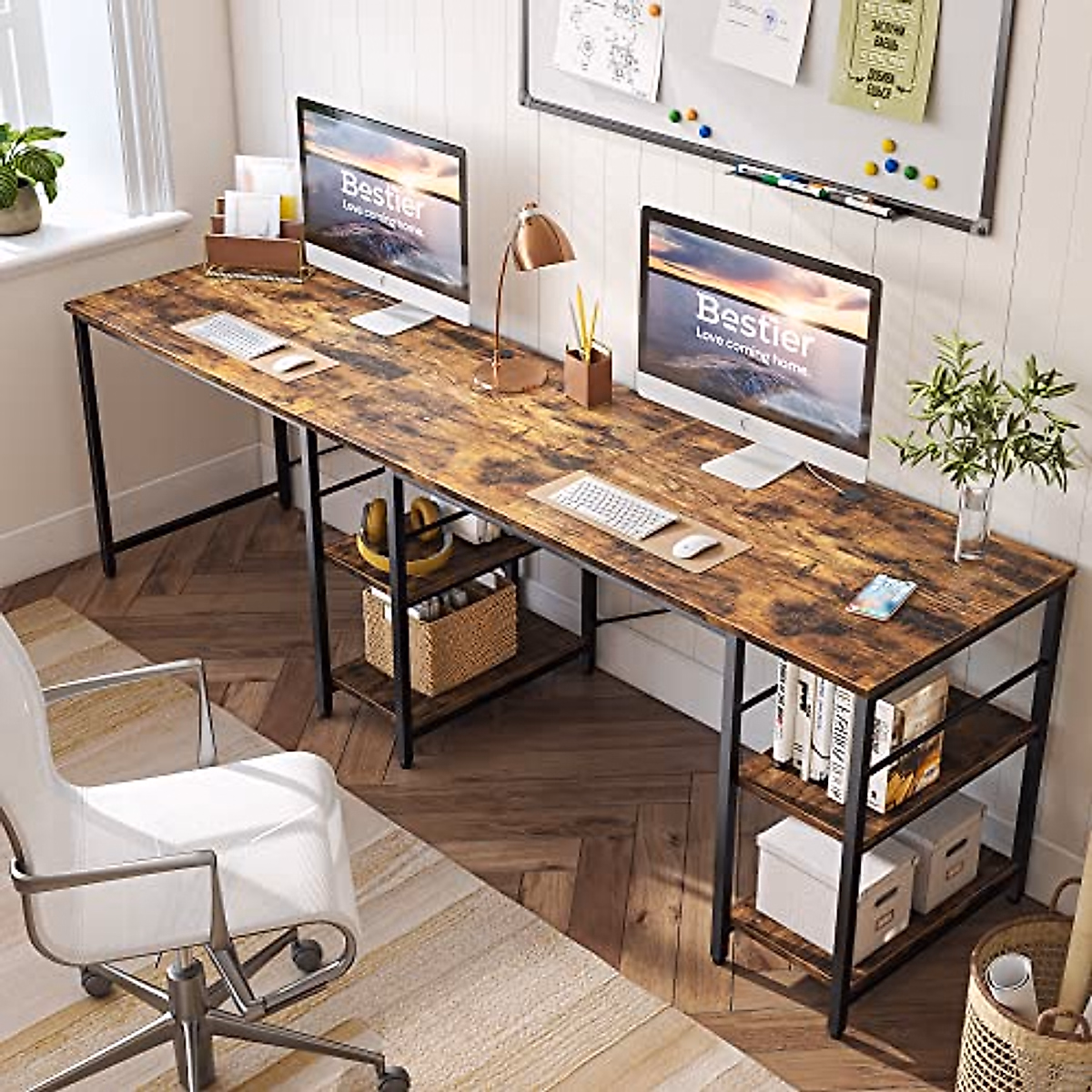 Bestier L Shaped Desk with Shelves 95.2 Inch Reversible Corner Computer Desk or 2 Person Long Table for Home Office Large Gaming Writing Storage Workstation P2 Board with 3 Cable Holes, Rustic Brown