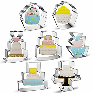 Cake Shaped Cookie Cutters Set of 7 pcs, Stainless Steel Cupcake/Birthday Cake/Wedding Cake Series Fondant Cutter Molds Baking DIY