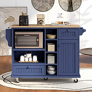 Polibi Kitchen Island Cart,Kitchen Island Table with Storage/Two Locking Wheels/Solid Wood Desktop,Microwave Cabinet,Floor Standing Buffet Server Sideboard for Kitchen Room,Dining Room(Dark Blue)
