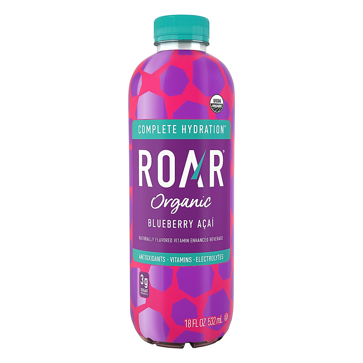 Roar Organic Electrolyte Infusions - USDA Organic - Blueberry Acai - with Antioxidants, B Vitamins, Low-Calorie, Low-Sugar, Low-Carb, Coconut Water Infused Beverage 18 Fl Oz (Pack of 12)