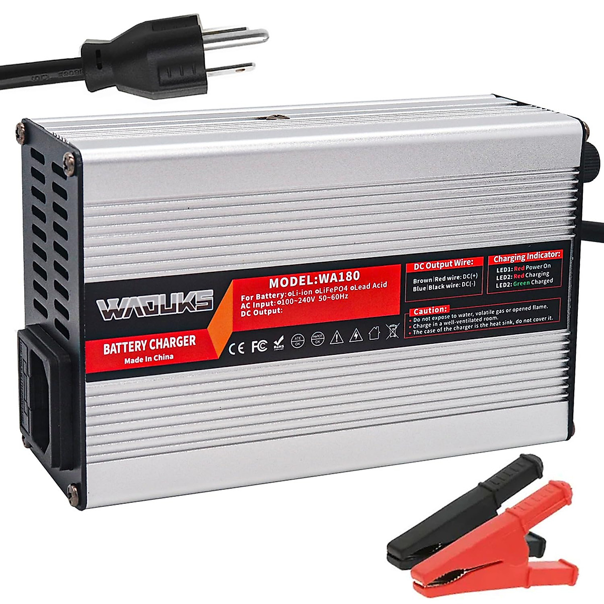 16.8V 10A Charger 14.8V Li-ion Battery Charger Output Alligator Clip Used for 4S 14.8V Lithium Battery Silver Aluminum Case with Cooling Fan