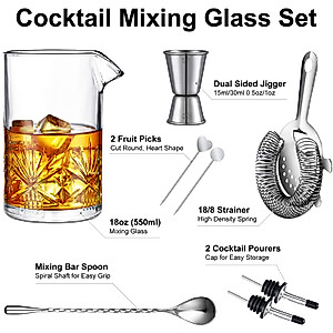 Cocktail Mixing Glass, veecom 18oz Crystal Mixing Glass Bartender Kit, 8 Piece Old Fashioned Cocktail Set with Strainer, Spoon, Jigger, Picks, Pourers, Bar Tools Cocktail Shaker Set (8 Pieces)