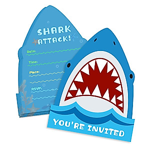 Yangmics Direct 25 Pack Shark Birthday Party Invitations with Envelopes-Double Sided -Shaped Fill-In Invitations-Shark party supplies