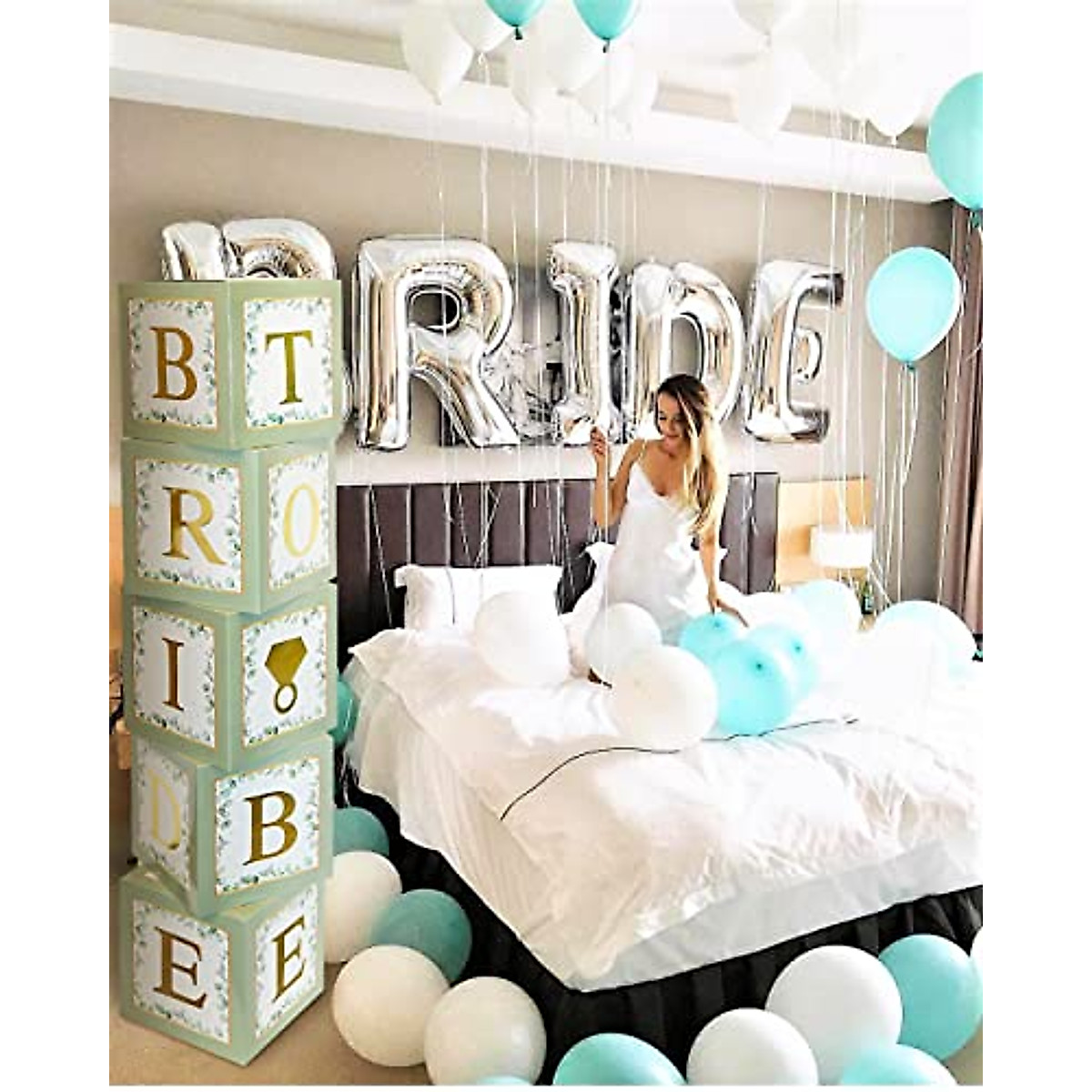 101 PC Greenery Bridal Shower Decorations Balloon Boxes Gold- Blocks with BRIDE TO BE + GROOM + A - Z Letters and 40 Balloons- Engagement Bachelorette Parties Weddings Centerpieces Photo Booth Props