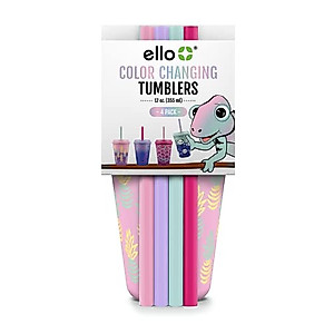 Ello Kids Plastic Reusable Color Changing Cups with Twist on Splash-Proof Lids and Straw, BPA Free, Dishwasher Safe, 12oz, Fruit Pop, 10 Pack