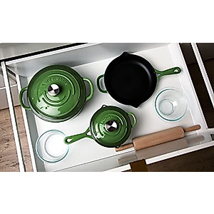 Larder & Vine 5 Piece Enameled Cast Iron Cookware Set, Oven Safe and Compatible with all Cooktops - includes 5.7 QT Dutch Oven and 2.2 QT Saucepan with lids and 10.25" Skillet (Okra)