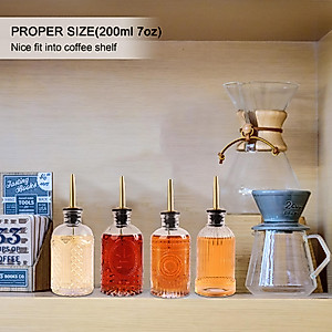 Furnizone Glass Syrup Dispenser Set - 4 Pack 7oz Bottles with Metal Pour Spouts, Stoppers, Spoons for Coffee, Tea, Vanilla, Caramel, Honey